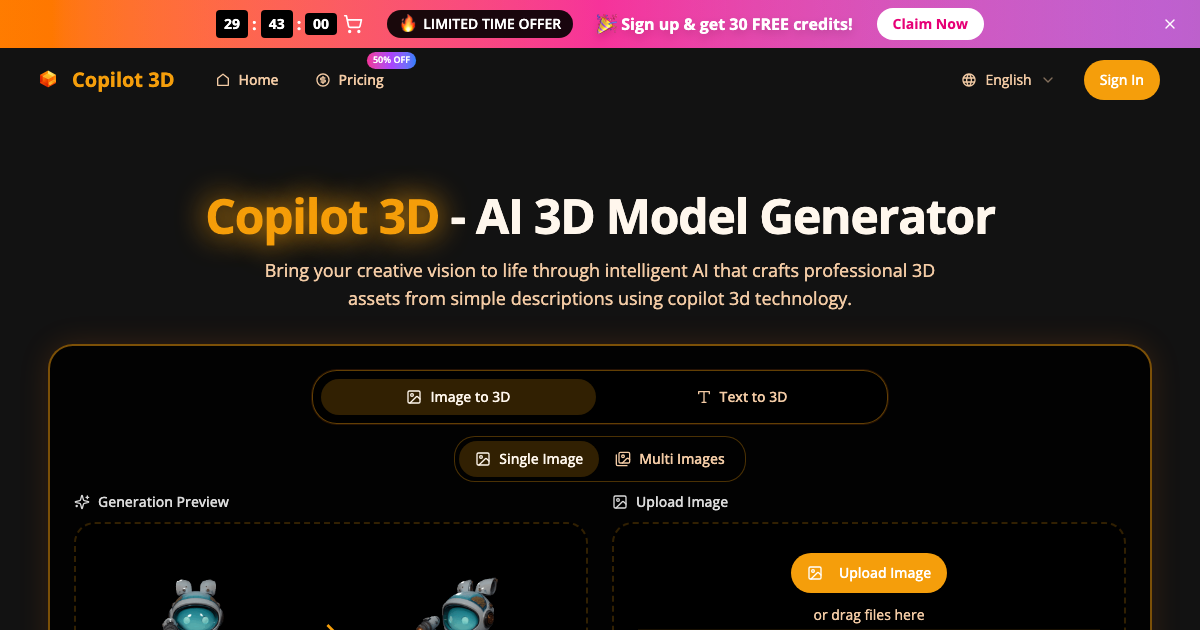 Copilot 3D: Professional AI 3D Model Generator | Free 3D Tool